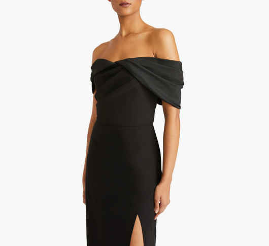 Monique Lhuillier - Celeste Off the Shoulder Crepe Gown in Black – Sophia Lustig